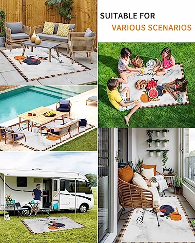 Thanksgiving Turkey and Pumpkin Outdoor Patio Rug for Deck,Picnic,Porch,Balcony 6x9ft Water Absorb Non Skid Area Rugs,Washable Camping RV Carpet Mats White Grey Marble Texture