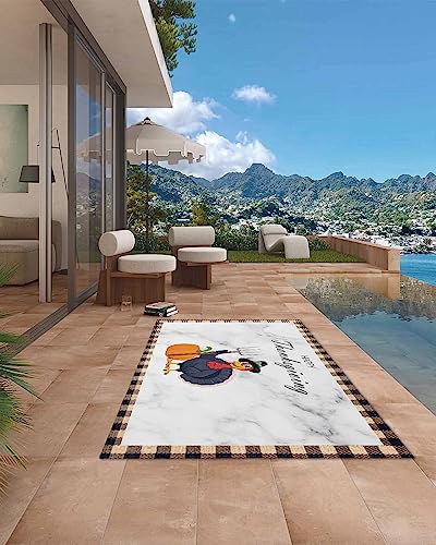 Thanksgiving Turkey and Pumpkin Outdoor Patio Rug for Deck,Picnic,Porch,Balcony 6x9ft Water Absorb Non Skid Area Rugs,Washable Camping RV Carpet Mats White Grey Marble Texture