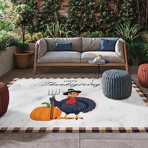 Thanksgiving Turkey and Pumpkin Outdoor Patio Rug for Deck,Picnic,Porch,Balcony 6x9ft Water Absorb Non Skid Area Rugs,Washable Camping RV Carpet Mats White Grey Marble Texture