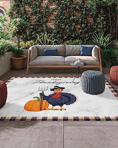 Thanksgiving Turkey and Pumpkin Outdoor Patio Rug for Deck,Picnic,Porch,Balcony 6x9ft Water Absorb Non Skid Area Rugs,Washable Camping RV Carpet Mats White Grey Marble Texture