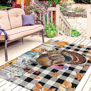 Outdoor Rug Carpet 5x8feet, Thanksgiving Retro Turkey Camping Area Rugs Soft Non-Shedding Non-Slip Floor Carpets Mat for Indoor Living Room,Bedroom Fall Harvest Pumpkin Buffalo Grid