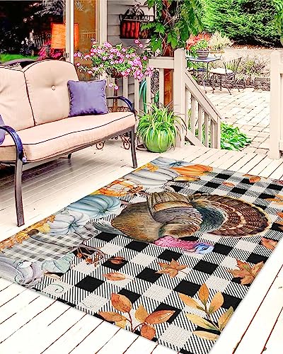 Outdoor Rug Carpet 5x8feet, Thanksgiving Retro Turkey Camping Area Rugs Soft Non-Shedding Non-Slip Floor Carpets Mat for Indoor Living Room,Bedroom Fall Harvest Pumpkin Buffalo Grid