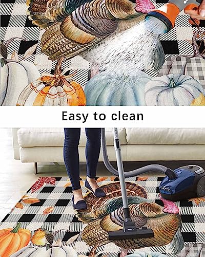 Outdoor Rug Carpet 5x8feet, Thanksgiving Retro Turkey Camping Area Rugs Soft Non-Shedding Non-Slip Floor Carpets Mat for Indoor Living Room,Bedroom Fall Harvest Pumpkin Buffalo Grid