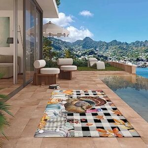 Outdoor Rug Carpet 5x8feet, Thanksgiving Retro Turkey Camping Area Rugs Soft Non-Shedding Non-Slip Floor Carpets Mat for Indoor Living Room,Bedroom Fall Harvest Pumpkin Buffalo Grid