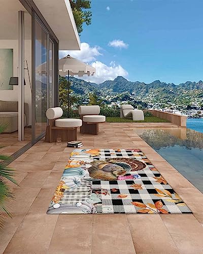 Outdoor Rug Carpet 5x8feet, Thanksgiving Retro Turkey Camping Area Rugs Soft Non-Shedding Non-Slip Floor Carpets Mat for Indoor Living Room,Bedroom Fall Harvest Pumpkin Buffalo Grid