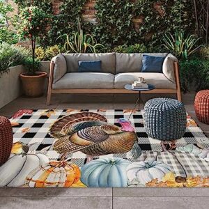 Outdoor Rug Carpet 5x8feet, Thanksgiving Retro Turkey Camping Area Rugs Soft Non-Shedding Non-Slip Floor Carpets Mat for Indoor Living Room,Bedroom Fall Harvest Pumpkin Buffalo Grid