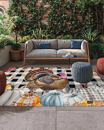 Outdoor Rug Carpet 5x8feet, Thanksgiving Retro Turkey Camping Area Rugs Soft Non-Shedding Non-Slip Floor Carpets Mat for Indoor Living Room,Bedroom Fall Harvest Pumpkin Buffalo Grid