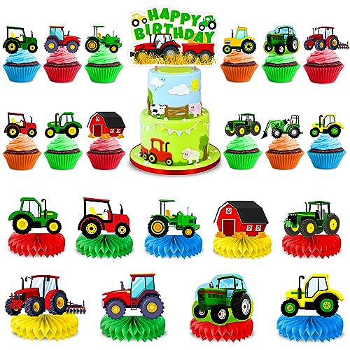 34 PCS Red Green Farm Tractor Table 9 PCS Honeycomb Centerpieces Themed Birthday And 25 PCS Cake Topper Cupcake Toppers Decorations Supplies Favors For Kids Boys Girls Teen Baby Shower Photo Booth