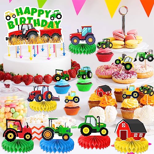 34 PCS Red Green Farm Tractor Table 9 PCS Honeycomb Centerpieces Themed Birthday And 25 PCS Cake Topper Cupcake Toppers Decorations Supplies Favors For Kids Boys Girls Teen Baby Shower Photo Booth