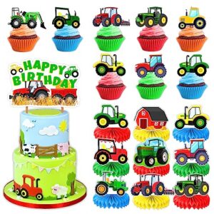 34 PCS Red Green Farm Tractor Table 9 PCS Honeycomb Centerpieces Themed Birthday And 25 PCS Cake Topper Cupcake Toppers Decorations Supplies Favors For Kids Boys Girls Teen Baby Shower Photo Booth