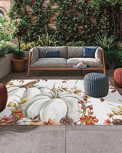 Fall Floral Thanksgiving Outdoor Rug for Patio, Large Floor Mat Grey Pumpkin Maple Leaves Non Slip Area Rug Rubber Backing Quick Dry Clearance Carpet for Camping, Garden, Lawn, Deck, Porch, 4' x 6'