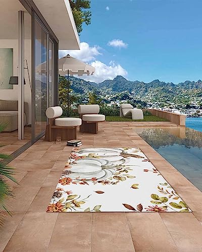 Fall Floral Thanksgiving Outdoor Rug for Patio, Large Floor Mat Grey Pumpkin Maple Leaves Non Slip Area Rug Rubber Backing Quick Dry Clearance Carpet for Camping, Garden, Lawn, Deck, Porch, 4' x 6'