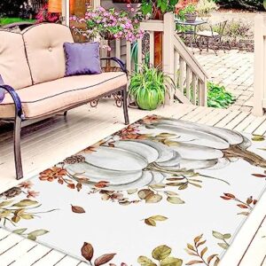 Fall Floral Thanksgiving Outdoor Rug for Patio, Large Floor Mat Grey Pumpkin Maple Leaves Non Slip Area Rug Rubber Backing Quick Dry Clearance Carpet for Camping, Garden, Lawn, Deck, Porch, 4' x 6'