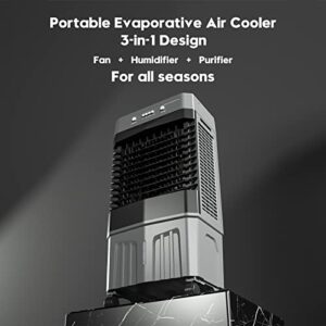 Auertech Portable Evaporative Air Cooler, 3 in 1 Swamp Cooling Fan with 3 Speed, 4 Ice Crystal Boxes & 5.3 Gal Water Tank, Auto Oscillation for Room, Home & Office