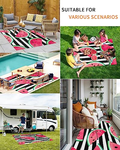 Outdoor Rug Waterproof Outdoor Patio Rug Outdoor Area Rug Mats RV Camping Rugs Outdoor Carpet Tropical Fruit Watermelon Pink Summer Stripe Black and White Background 4x6 Feet