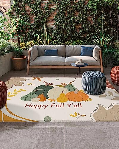 Fall Thanksgiving Outdoor Rug for Patio, Large Floor Mat Happy Y'all Boho Style Pumpkin Non Slip Area Rug Rubber Backing Quick Dry Clearance Carpet for Camping Rugs, Garden, Lawn, Deck, Porch, 6' x 9'