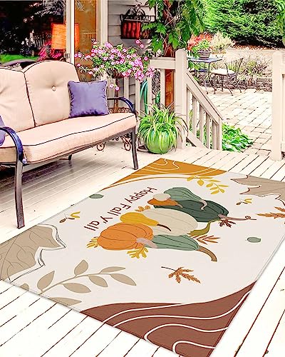 Fall Thanksgiving Outdoor Rug for Patio, Large Floor Mat Happy Y'all Boho Style Pumpkin Non Slip Area Rug Rubber Backing Quick Dry Clearance Carpet for Camping Rugs, Garden, Lawn, Deck, Porch, 6' x 9'