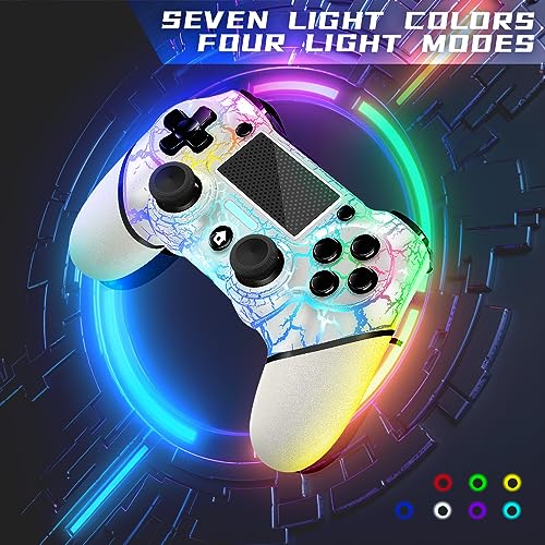 AceGamer Wireless Controller for PS4, White Crack Custom Design with RGB Light,1000mAh Battery and 3.5mm Audio Jack, V2 Gamepad Joystick Compatible with PS4/Slim/Pro and Windows PC! (White-Light Up)