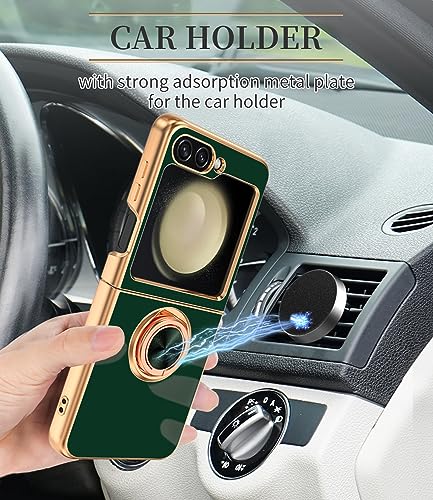 Dinick Compatible for Samsung Galaxy Z Flip 5 Case with Ring Holder Kickstand [with Magnetic] Soft TPU Shockproof Electroplated Protective Phone Case for Galaxy Z Flip 5 Green