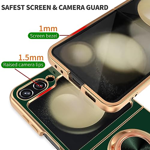 Dinick Compatible for Samsung Galaxy Z Flip 5 Case with Ring Holder Kickstand [with Magnetic] Soft TPU Shockproof Electroplated Protective Phone Case for Galaxy Z Flip 5 Green