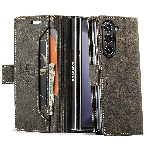 HAII Case for Samsung Galaxy Z Fold 5,PU Leather Folio Flip Wallet Case with Card Holster Kickstand Magnetic Closure Shockproof Phone Cover for Samsung Galaxy Z Fold 5 2023 Coffee