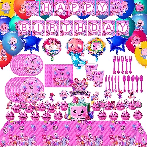 Pink Cartoon Birthday Party Supplies for Kids Decorations Flatware, Banner, Cups, Balloons, Napkins, Plates, Tablecloth, Cake Toppers Birthday Party Favor Pack Set for Boy and Girl