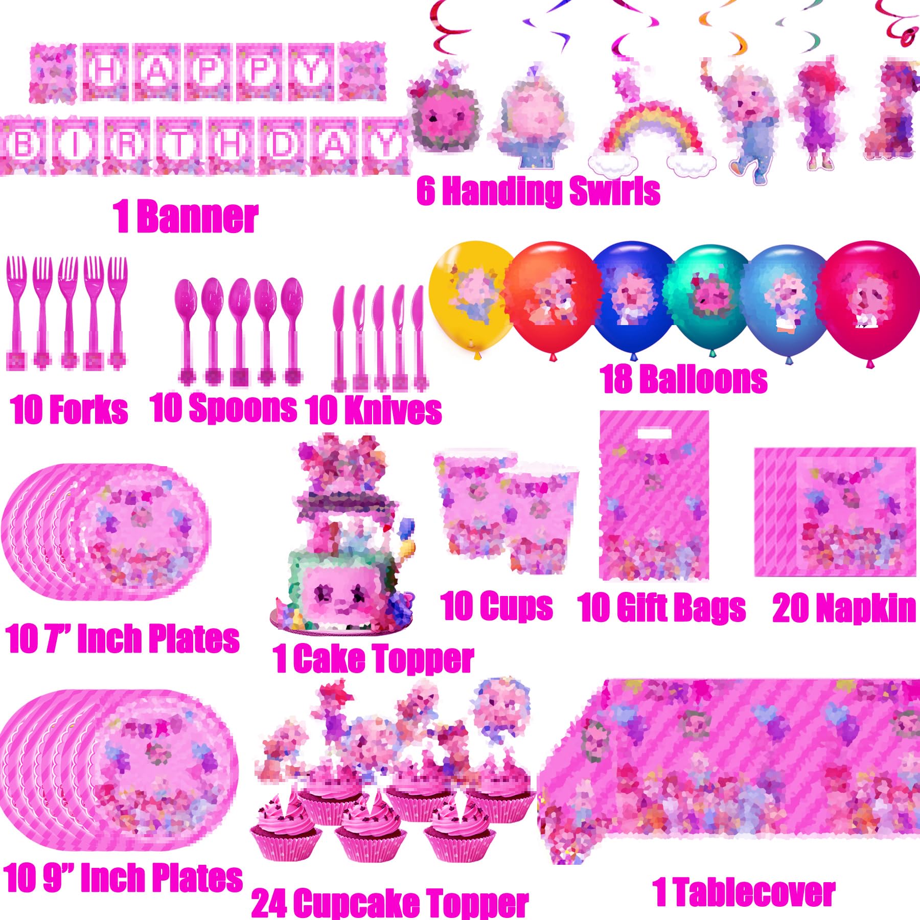 Pink Cartoon Party Supplies, Pink Cartoon Party Favor Decorations Birthday Party Supplies Included Flatware, Cups, Banner, Plates, Napkins, Balloons, Tablecloth, Birthday Party Pack Set for Kids