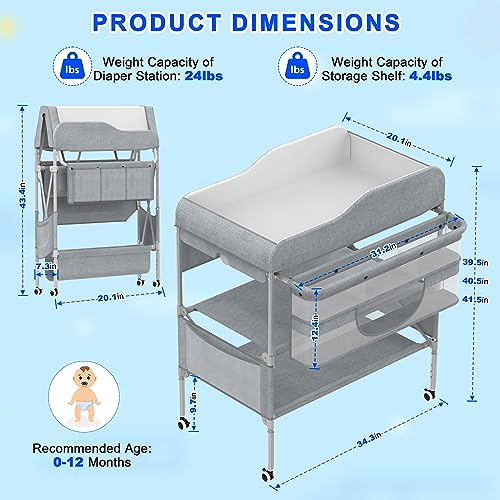 Portable Baby Changing Table, Foldable Changing Table Dresser Baby Changing Station, Height Adjustable Waterproof Diaper Changing Table Pad Topper, Newborn Nursery Organizer