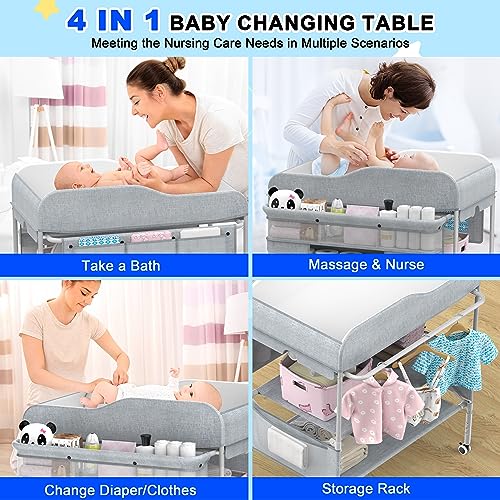 Portable Baby Changing Table, Foldable Changing Table Dresser Baby Changing Station, Height Adjustable Waterproof Diaper Changing Table Pad Topper, Newborn Nursery Organizer