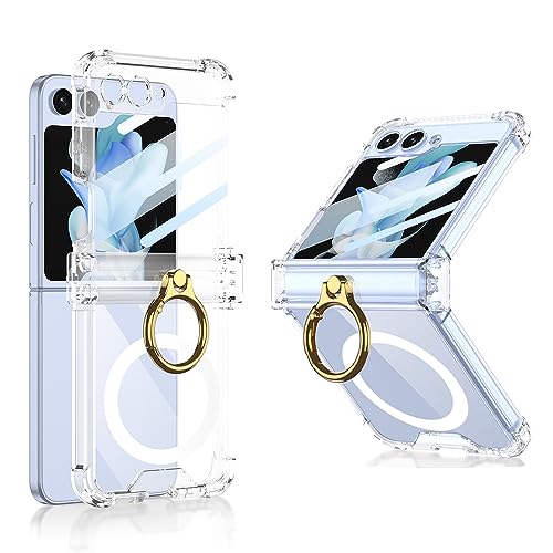 GO-VOLMON Clear Case for Galaxy Z Flip 5 with Magnet and Ring, Transparent Kickstand Case for Samsung Galaxy Z Flip 5 for Man and Woman, Shockproof Phone Case with Hinge Protector for Z Flip 5