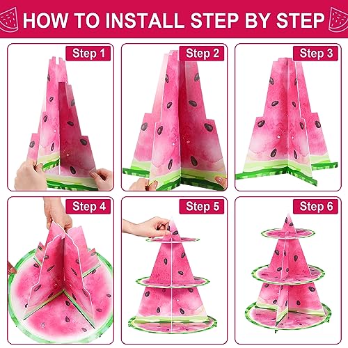 Sliner 3 Tier Watermelon Cupcake Stand Party Decorations Watermelon Theme Cupcake Holder Pink Watermelon Baby Shower Cake Holder Melon Birthday Dessert Stand for Boy Girl Melon Party Baby Shower