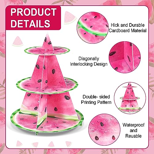 Sliner 3 Tier Watermelon Cupcake Stand Party Decorations Watermelon Theme Cupcake Holder Pink Watermelon Baby Shower Cake Holder Melon Birthday Dessert Stand for Boy Girl Melon Party Baby Shower