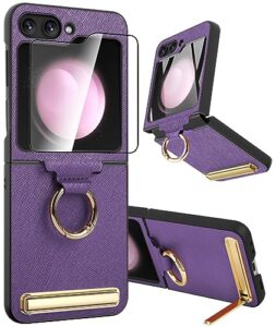 atatoo for samsung galaxy z flip 5 case with ring & kickstand & built-in screen protector, ultra-thin case support wireless charging durable shockproof anti-slip phone case for galaxy z flip 5, purple