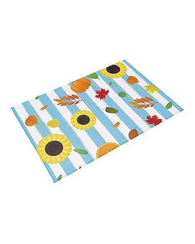 Outdoor Rug 5' x 8', Fall Pumpkin Sunflowers Large Area Rugs for Patio/RV/Deck/Porch/Indoors, Thanksgiving Harvest Blue Stripes Water Absorption Camping Rug Carpet, Lightweight Washable Rug Runners