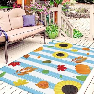 Outdoor Rug 5' x 8', Fall Pumpkin Sunflowers Large Area Rugs for Patio/RV/Deck/Porch/Indoors, Thanksgiving Harvest Blue Stripes Water Absorption Camping Rug Carpet, Lightweight Washable Rug Runners