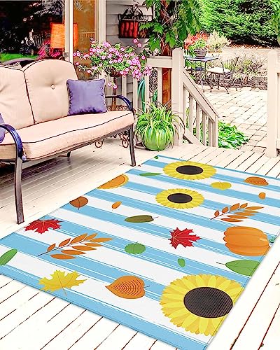 Outdoor Rug 5' x 8', Fall Pumpkin Sunflowers Large Area Rugs for Patio/RV/Deck/Porch/Indoors, Thanksgiving Harvest Blue Stripes Water Absorption Camping Rug Carpet, Lightweight Washable Rug Runners