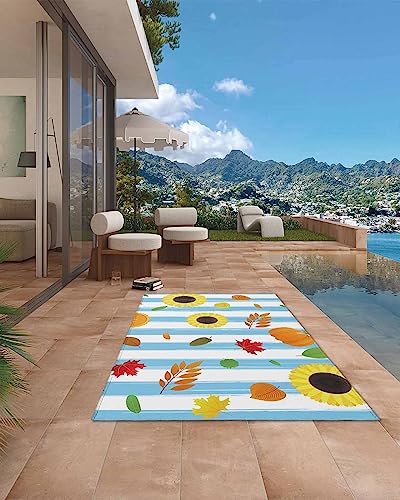 Outdoor Rug 5' x 8', Fall Pumpkin Sunflowers Large Area Rugs for Patio/RV/Deck/Porch/Indoors, Thanksgiving Harvest Blue Stripes Water Absorption Camping Rug Carpet, Lightweight Washable Rug Runners