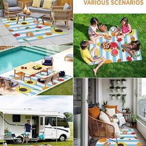 Outdoor Rug 5' x 8', Fall Pumpkin Sunflowers Large Area Rugs for Patio/RV/Deck/Porch/Indoors, Thanksgiving Harvest Blue Stripes Water Absorption Camping Rug Carpet, Lightweight Washable Rug Runners