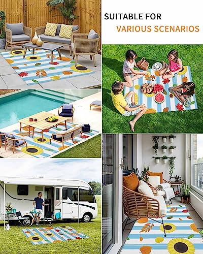 Outdoor Rug 5' x 8', Fall Pumpkin Sunflowers Large Area Rugs for Patio/RV/Deck/Porch/Indoors, Thanksgiving Harvest Blue Stripes Water Absorption Camping Rug Carpet, Lightweight Washable Rug Runners