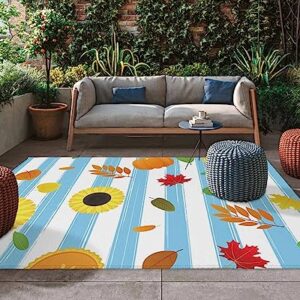 Outdoor Rug 5' x 8', Fall Pumpkin Sunflowers Large Area Rugs for Patio/RV/Deck/Porch/Indoors, Thanksgiving Harvest Blue Stripes Water Absorption Camping Rug Carpet, Lightweight Washable Rug Runners