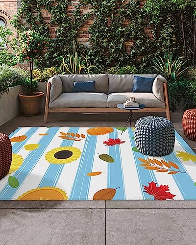 Outdoor Rug 5' x 8', Fall Pumpkin Sunflowers Large Area Rugs for Patio/RV/Deck/Porch/Indoors, Thanksgiving Harvest Blue Stripes Water Absorption Camping Rug Carpet, Lightweight Washable Rug Runners