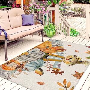 Outdoor Rug 4' x 6', Fall Scarecrow Large Area Rugs for Patio/RV/Deck/Porch/Indoors, Thanksgiving Pumpkin Autumn Leaves Water Absorption Camping Rug Carpet, Lightweight Washable Rug Runners