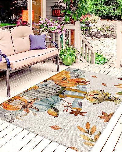 Outdoor Rug 4' x 6', Fall Scarecrow Large Area Rugs for Patio/RV/Deck/Porch/Indoors, Thanksgiving Pumpkin Autumn Leaves Water Absorption Camping Rug Carpet, Lightweight Washable Rug Runners