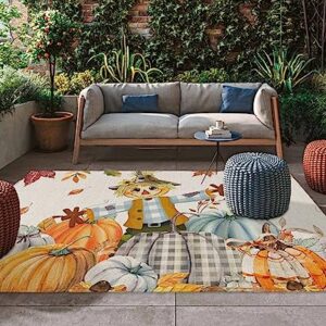 Outdoor Rug 4' x 6', Fall Scarecrow Large Area Rugs for Patio/RV/Deck/Porch/Indoors, Thanksgiving Pumpkin Autumn Leaves Water Absorption Camping Rug Carpet, Lightweight Washable Rug Runners