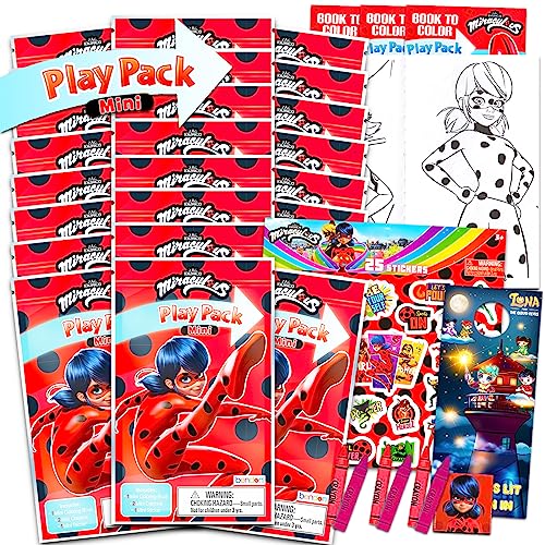 Miraculous Ladybug Mini Party Favors Set for Kids - Bundle with 24 Miraculous Ladybug and Cat Noir Play Packs with Coloring Pages, Stickers, More (Miraculous Ladybug Birthday Party Supplies)