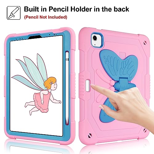 for iPad Air 5th/4th Generation Case with Screen Protector,iPad Pro 11 Inch Case Butterfly Stand Strap Cute Dolls Pencil Holder Kids Hard Cover for iPad Air 4th 5th 10.9/iPad Pro 11 2022-Pink Blue