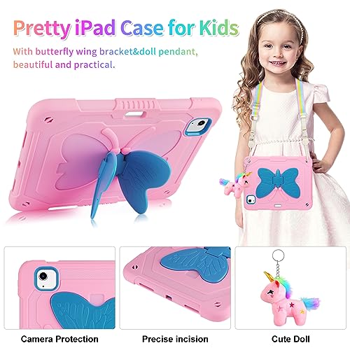 for iPad Air 5th/4th Generation Case with Screen Protector,iPad Pro 11 Inch Case Butterfly Stand Strap Cute Dolls Pencil Holder Kids Hard Cover for iPad Air 4th 5th 10.9/iPad Pro 11 2022-Pink Blue