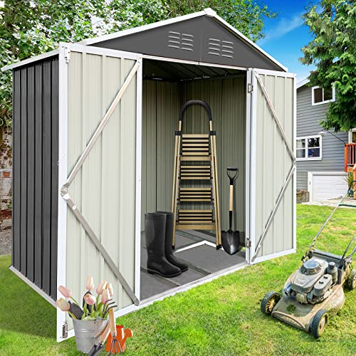 YOFE Outdoor Storage Sheds,6x4FT Outdoor Metal Storage Shed with Base Frame,Storage House with Air Vent,Lockable Door and Sloped Roof for Backyard Garden, Patio, Lawn (Grey)