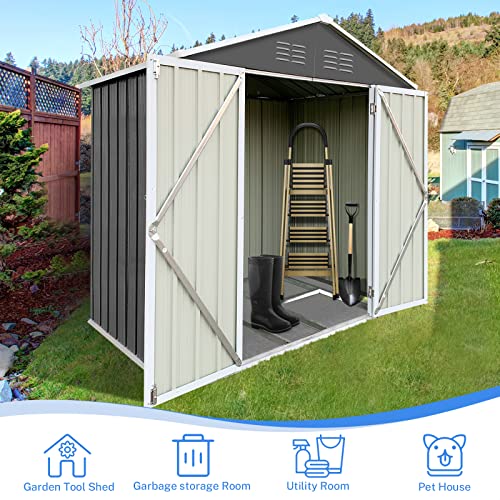 YOFE Outdoor Storage Sheds,6x4FT Outdoor Metal Storage Shed with Base Frame,Storage House with Air Vent,Lockable Door and Sloped Roof for Backyard Garden, Patio, Lawn (Grey)