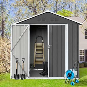 YOFE Outdoor Storage Sheds,6x4FT Outdoor Metal Storage Shed with Base Frame,Storage House with Air Vent,Lockable Door and Sloped Roof for Backyard Garden, Patio, Lawn (Grey)